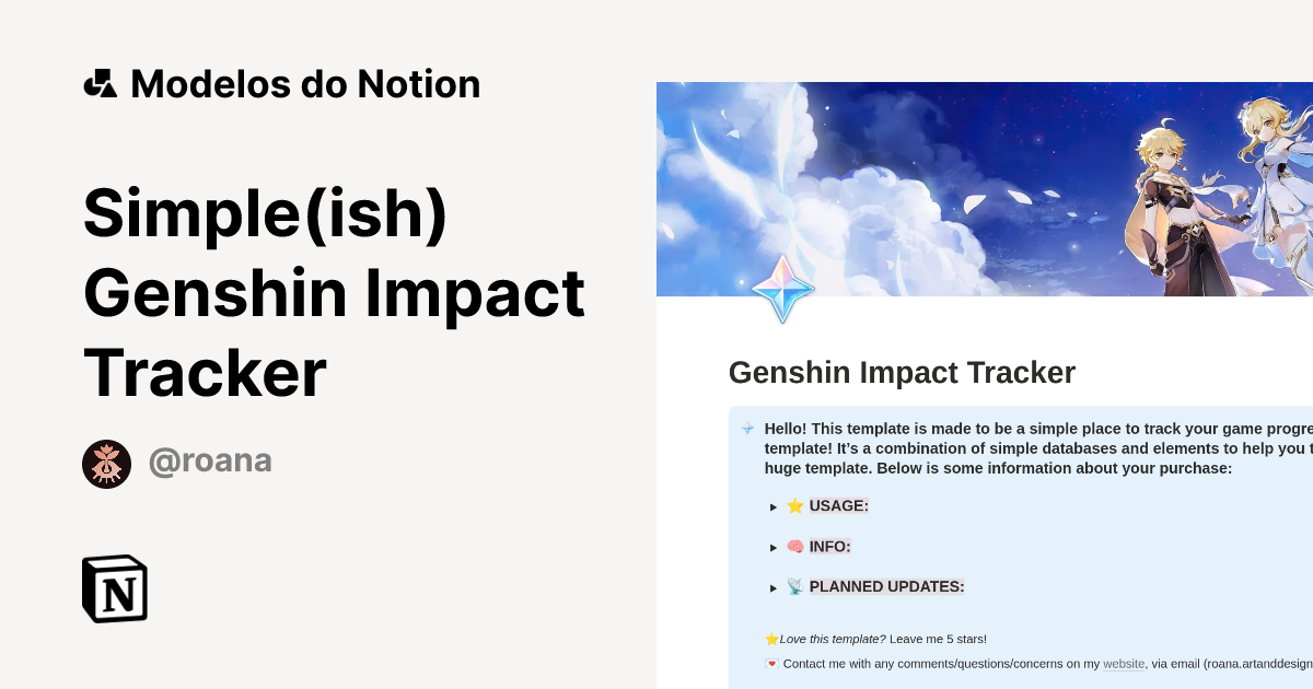 Simple(ish) Genshin Impact Tracker Modelo por Roana | Marketplace do Notion