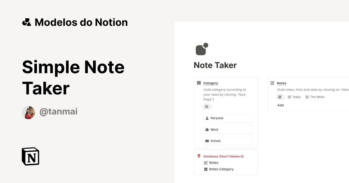 Modelo Simple Note Taker | Marketplace do Notion