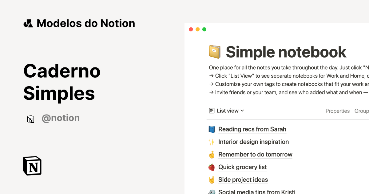 Caderno Simples Modelo por Notion | Marketplace do Notion