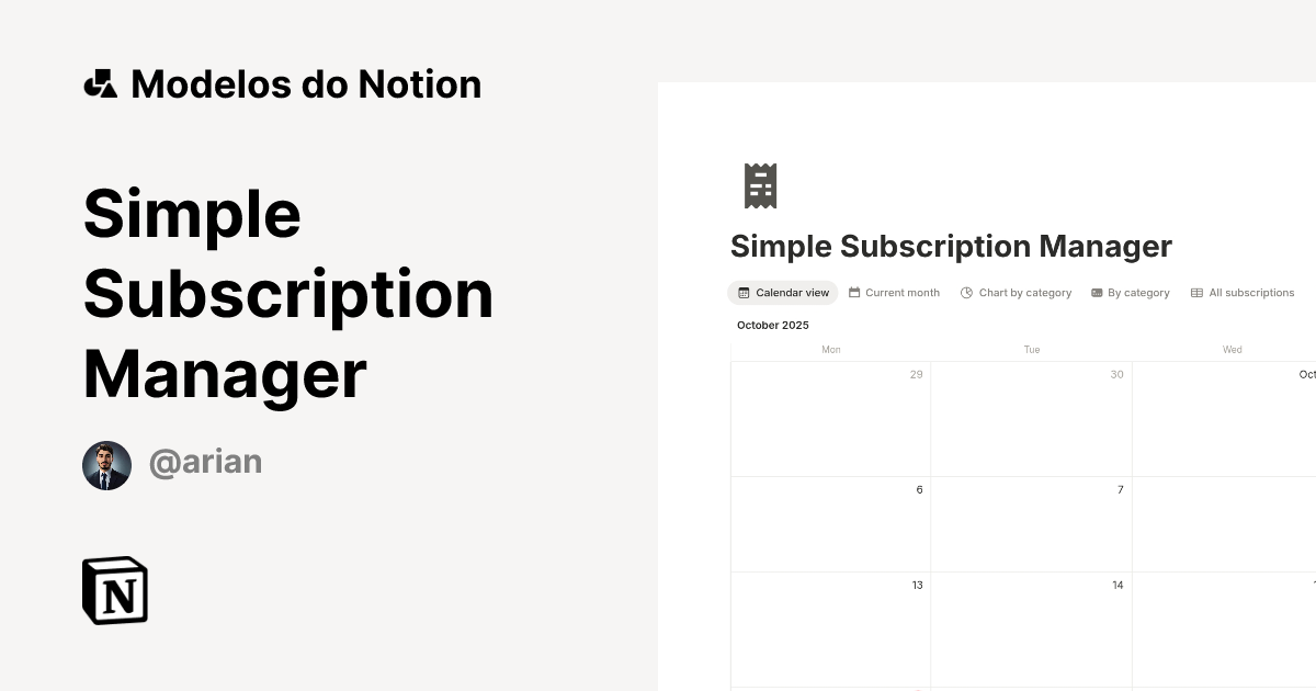 Simple Subscription Manager Modelo por Arian | Marketplace do Notion