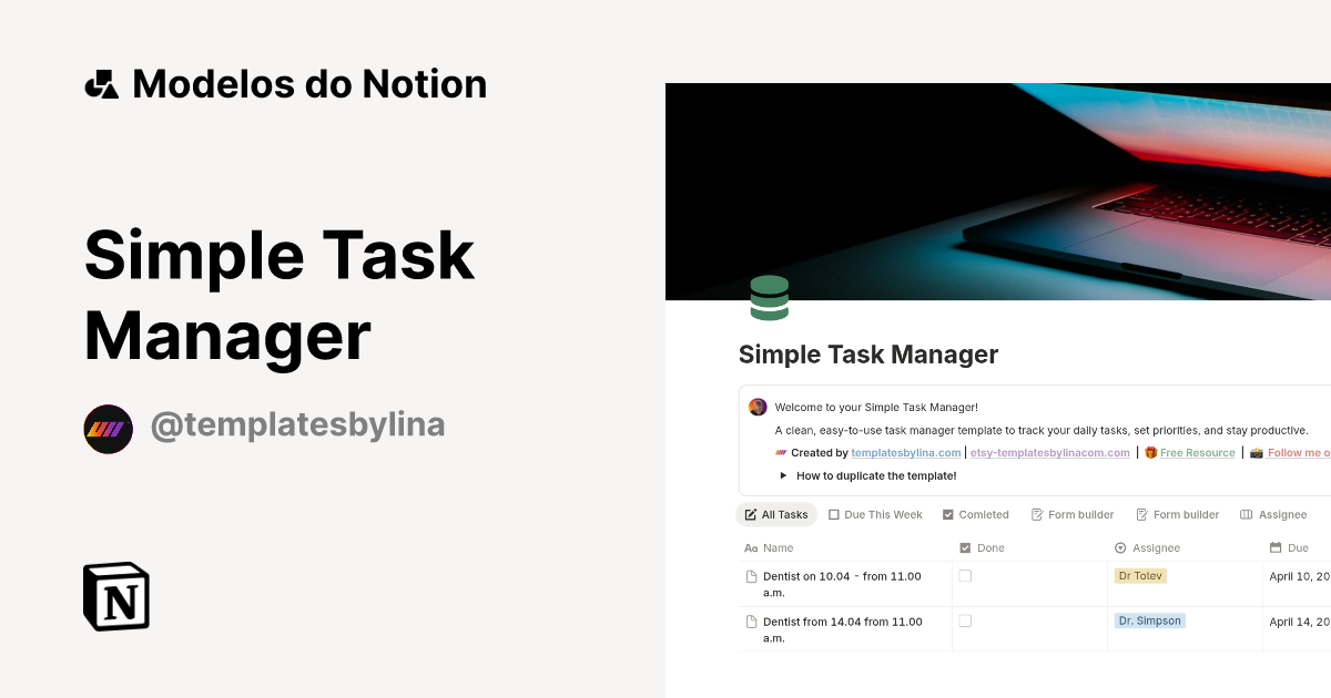 Modelo Simple Task Manager | Marketplace do Notion