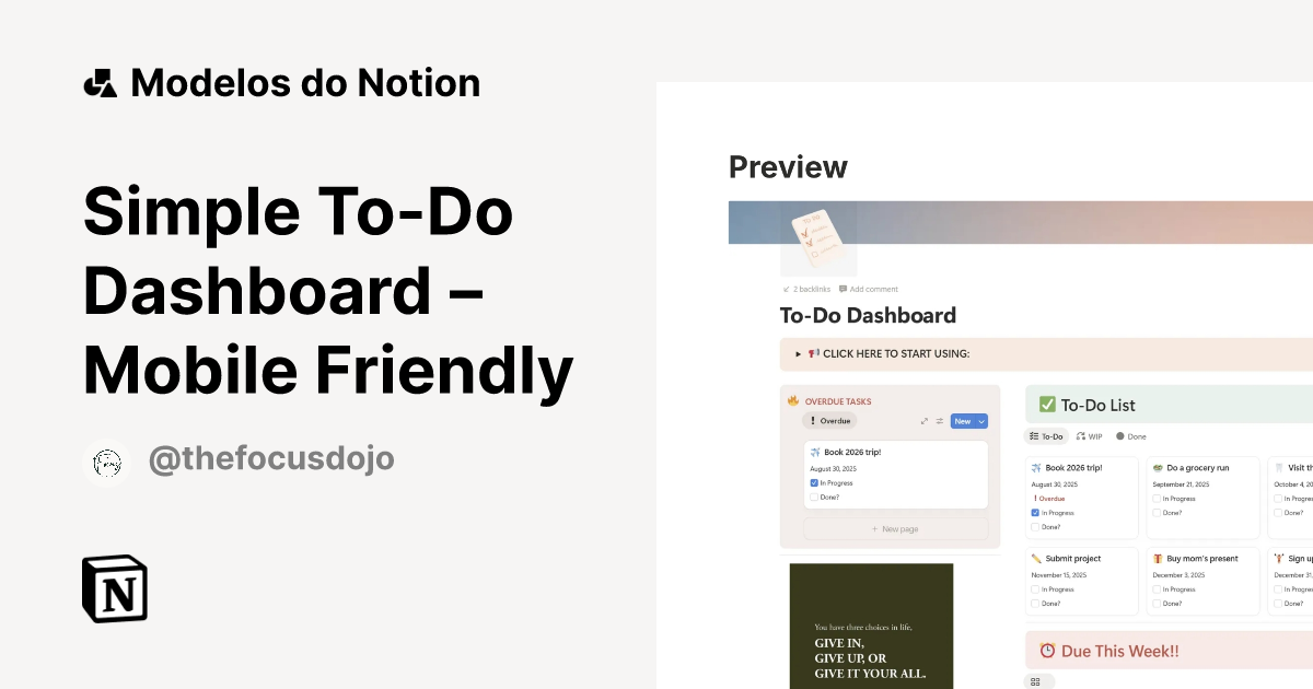 Modelo Simple To-Do Dashboard – Mobile Friendly | Marketplace do Notion