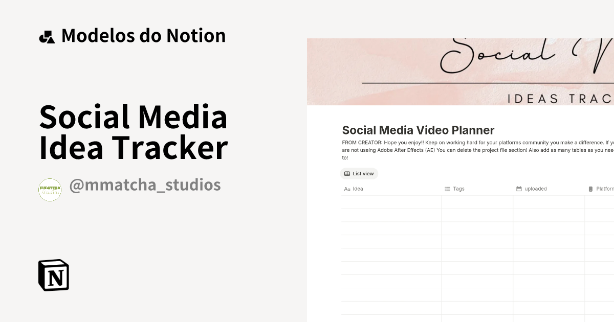 Modelo Social Media Idea Tracker | Marketplace do Notion