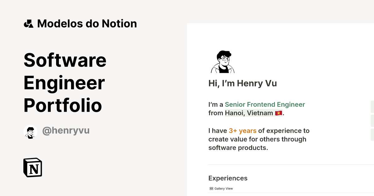 Software Engineer Portfolio Modelo por Henry Vu | Marketplace do Notion