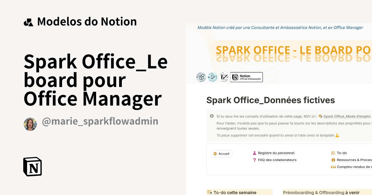 Modelo Spark Office_Le board pour Office Manager | Marketplace do Notion