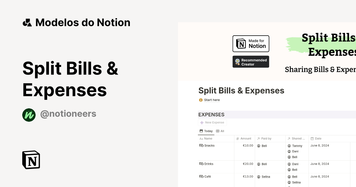 Modelo Split Bills & Expenses | Marketplace do Notion