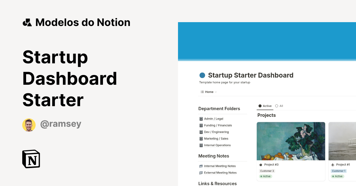 Startup Dashboard Starter Modelo por Ramsey Shaffer | Marketplace do Notion