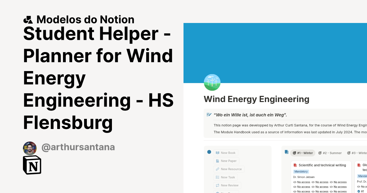 Modelo Student Helper - Planner for Wind Energy Engineering - HS Flensburg | Marketplace do Notion