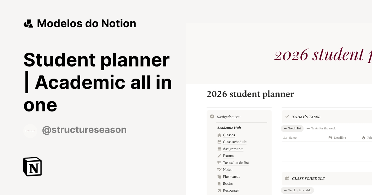 Modelo Student planner | Academic all in one | Marketplace do Notion