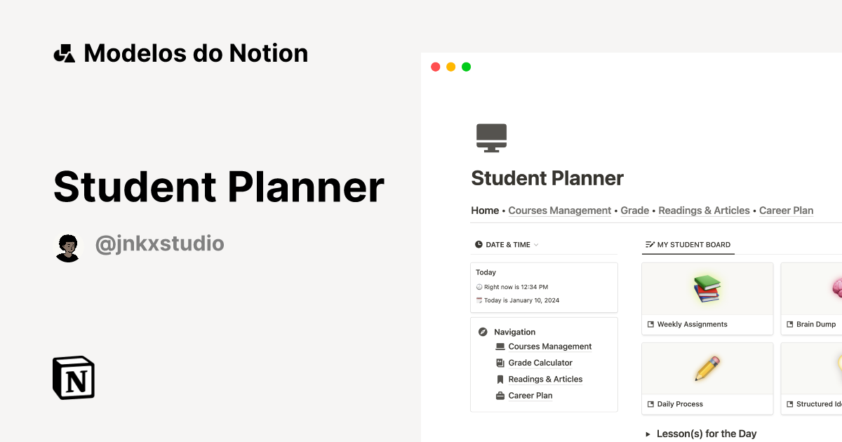 Student Planner Modelo por JNK Studio | Marketplace do Notion
