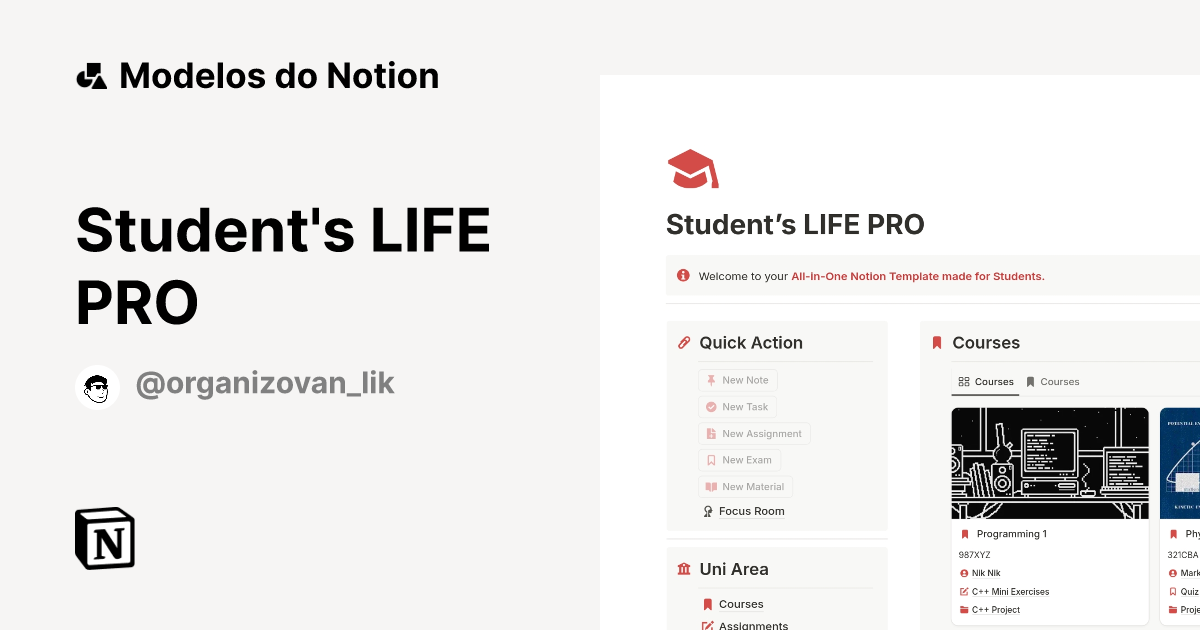 Student's LIFE PRO Modelo por Organizovan Lik | Marketplace do Notion