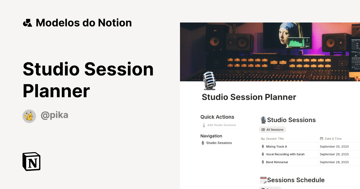 Modelo Studio Session Planner | Marketplace do Notion