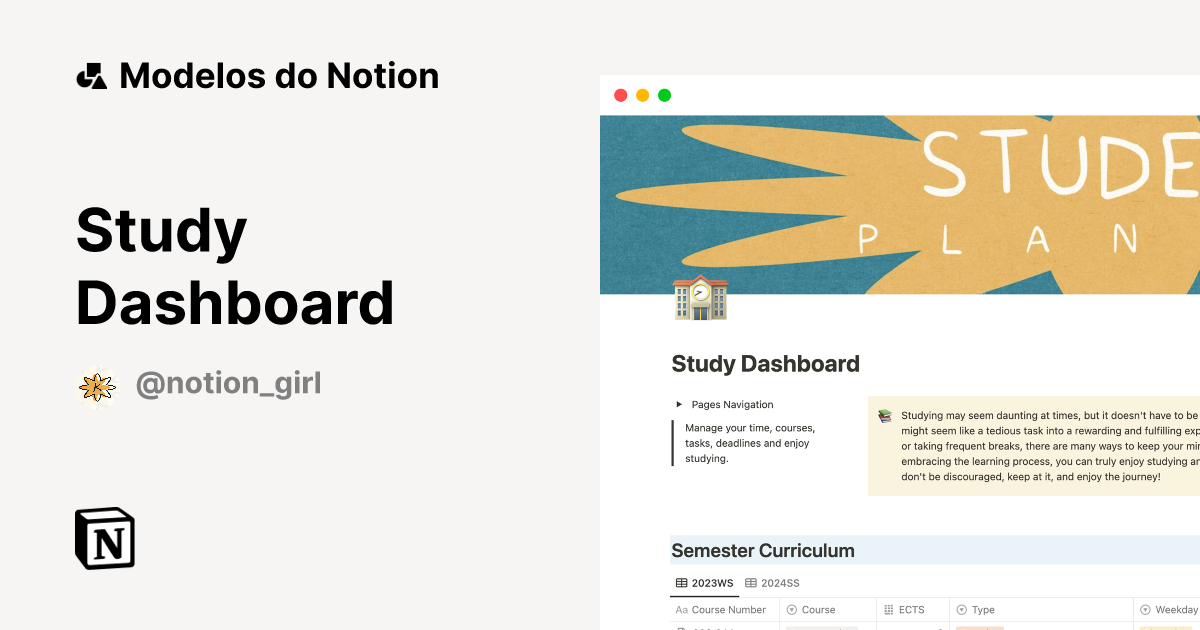 Study Dashboard Modelo por KristinaK3 | Marketplace do Notion