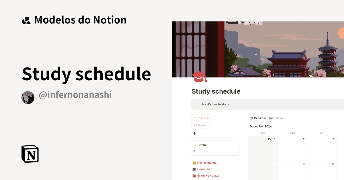 Study schedule Modelo por Nanashi Inferno | Marketplace do Notion