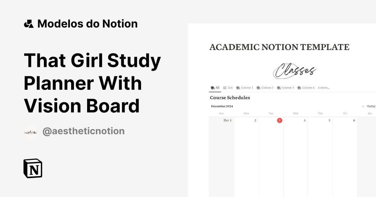 Modelo That Girl Study Planner With Vision Board | Marketplace do Notion
