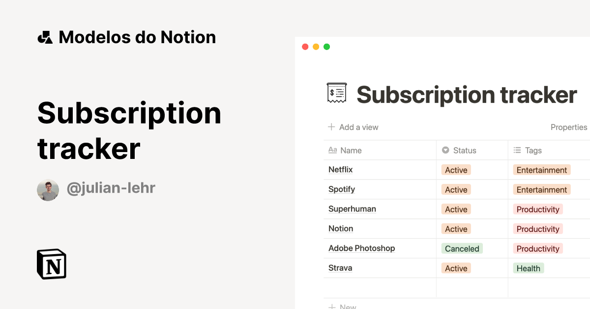 Subscription tracker Modelo por Julian Lehr | Marketplace do Notion