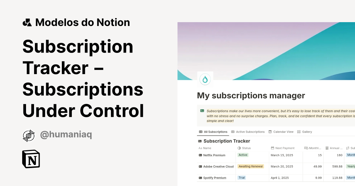 Modelo Subscription Tracker – Subscriptions Under Control | Marketplace do Notion