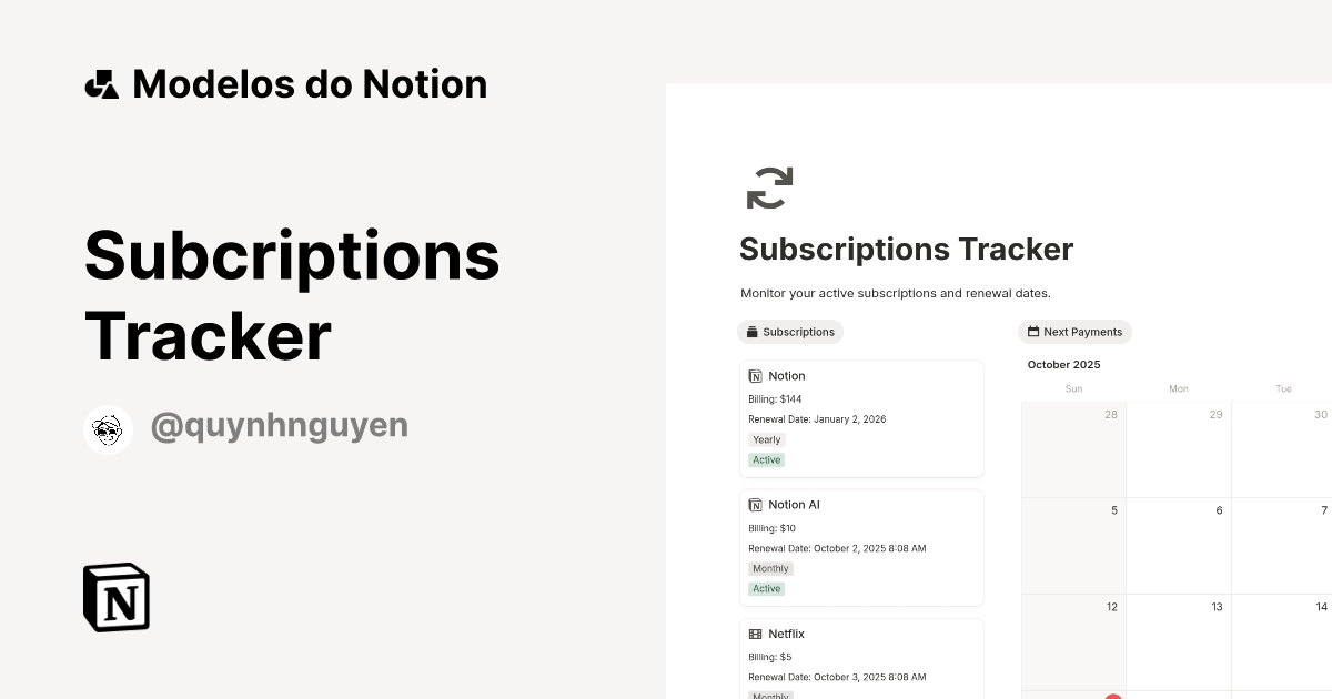 Subcriptions Tracker Modelo por Quynh Nguyen | Marketplace do Notion
