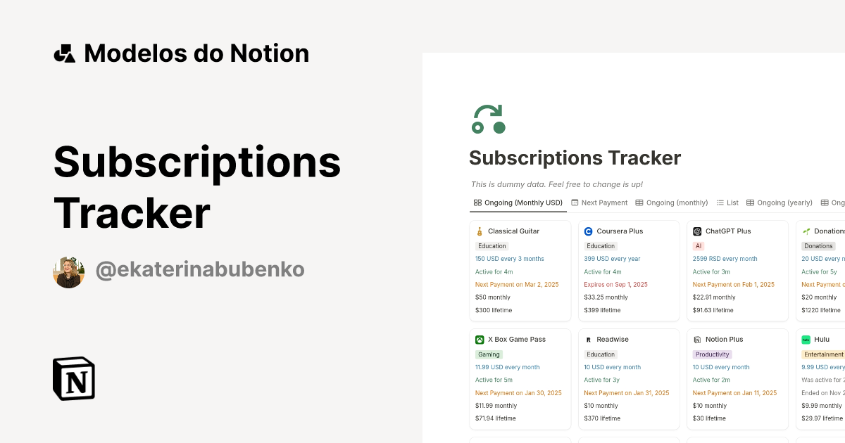 Modelo Subscriptions Tracker | Marketplace do Notion