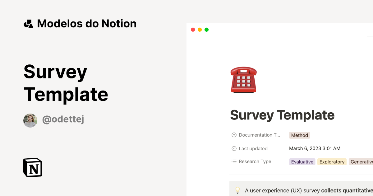 Survey Template Modelo por Odette Jansen | Marketplace do Notion