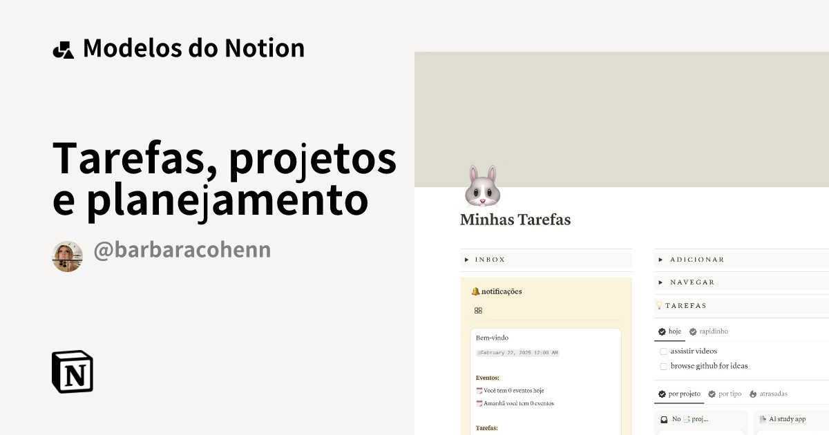 Tarefas, projetos e planejamento Modelo por Bárbara cohen | Marketplace do Notion