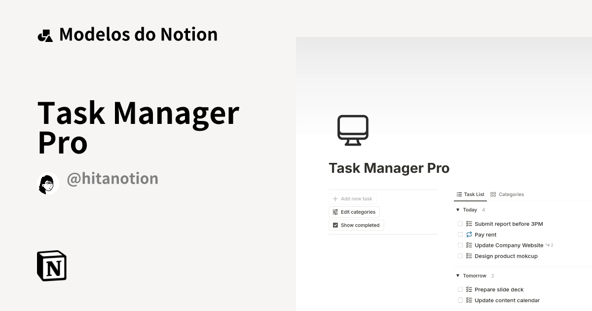 Modelo Task Manager Pro | Marketplace do Notion