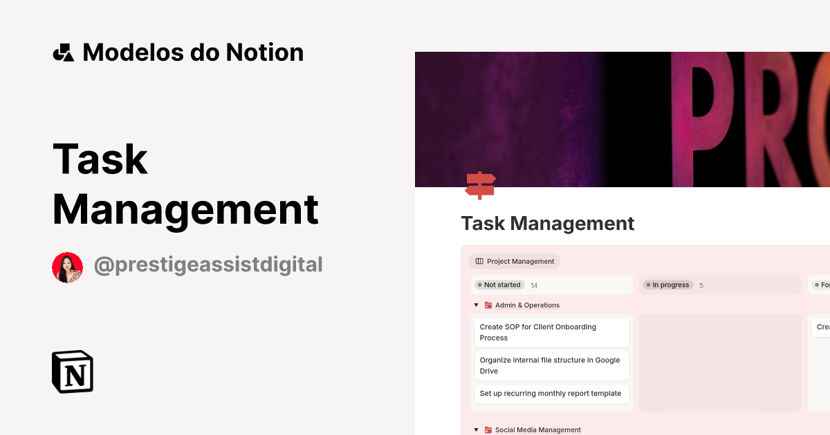 Task Management Modelo por Prestige Assist Digital | Marketplace do Notion