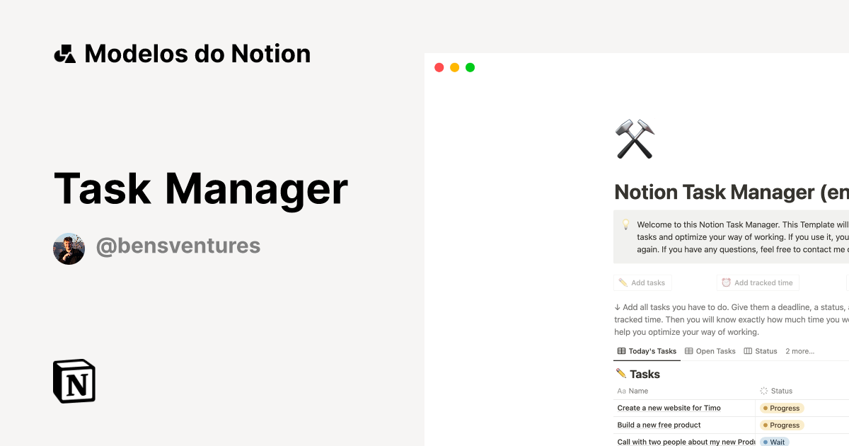 Task Manager Modelo por Bens Ventures | Marketplace do Notion