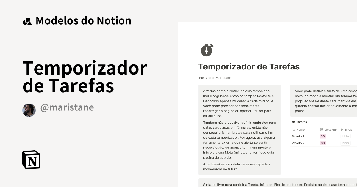 Temporizador de Tarefas Modelo por Victor Maristane | Marketplace do Notion