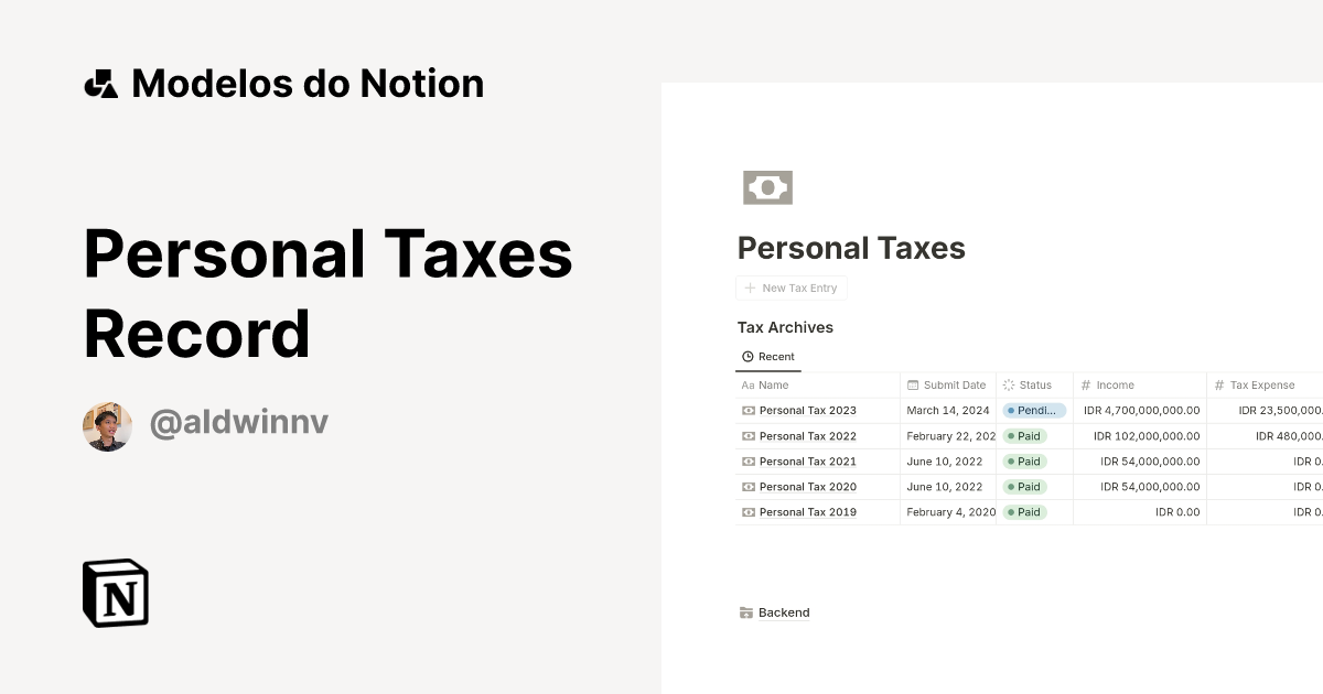 Modelo Personal Taxes Record | Marketplace do Notion