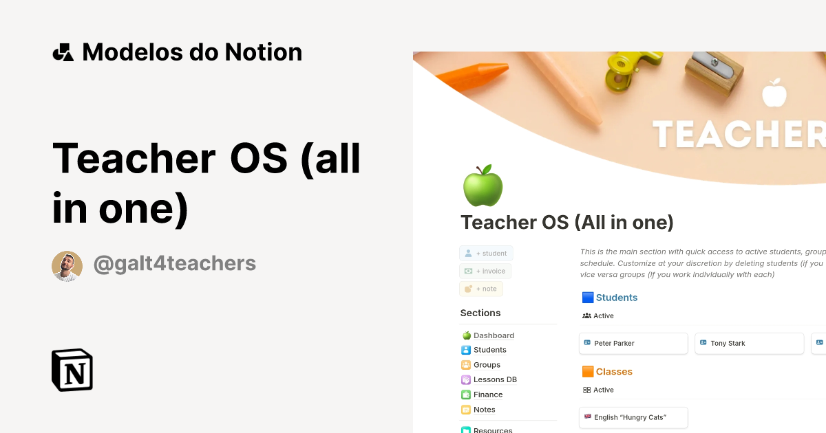 Teacher OS (all in one) Modelo por Galt | Teacher OS | Marketplace do Notion