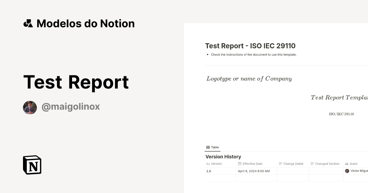 Test Report Modelo por Victor Terrón | Marketplace do Notion