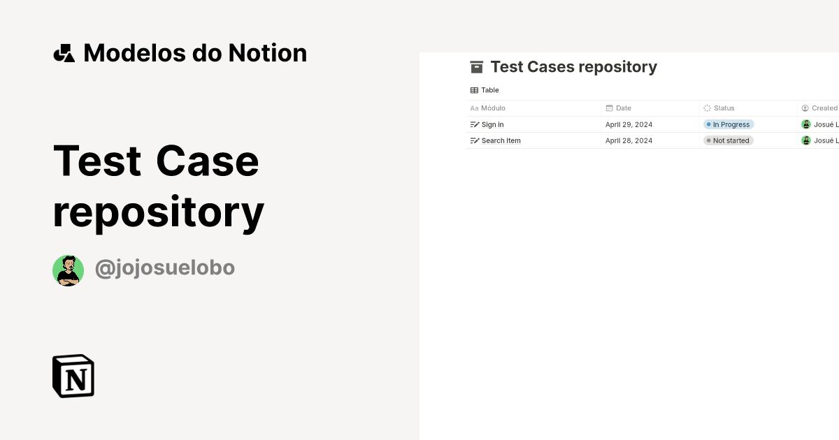 Modelo Test Case repository | Marketplace do Notion