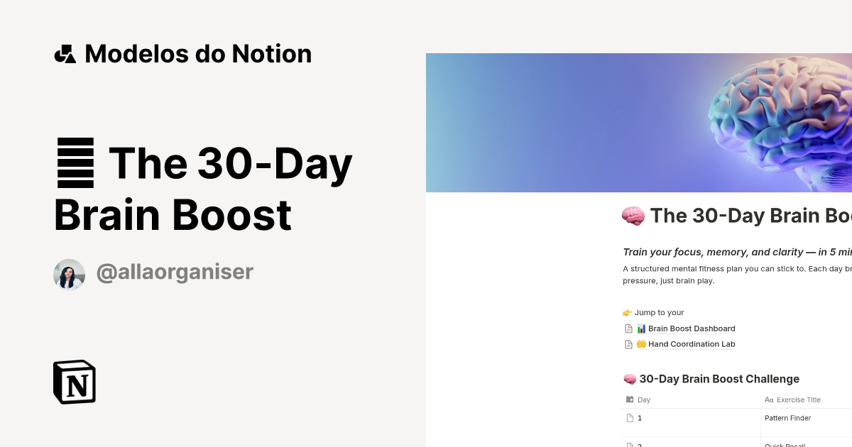 Modelo 🧠 The 30-Day Brain Boost | Marketplace do Notion