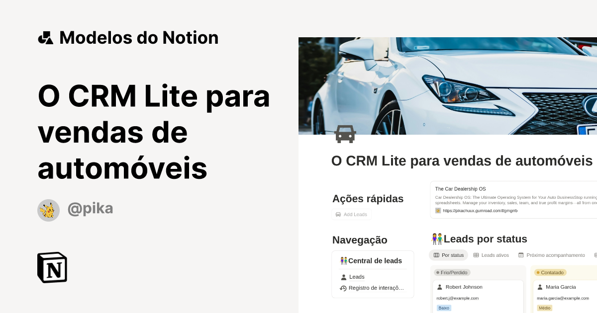 The Car Sales CRM Lite Modelo por Pika | Marketplace do Notion