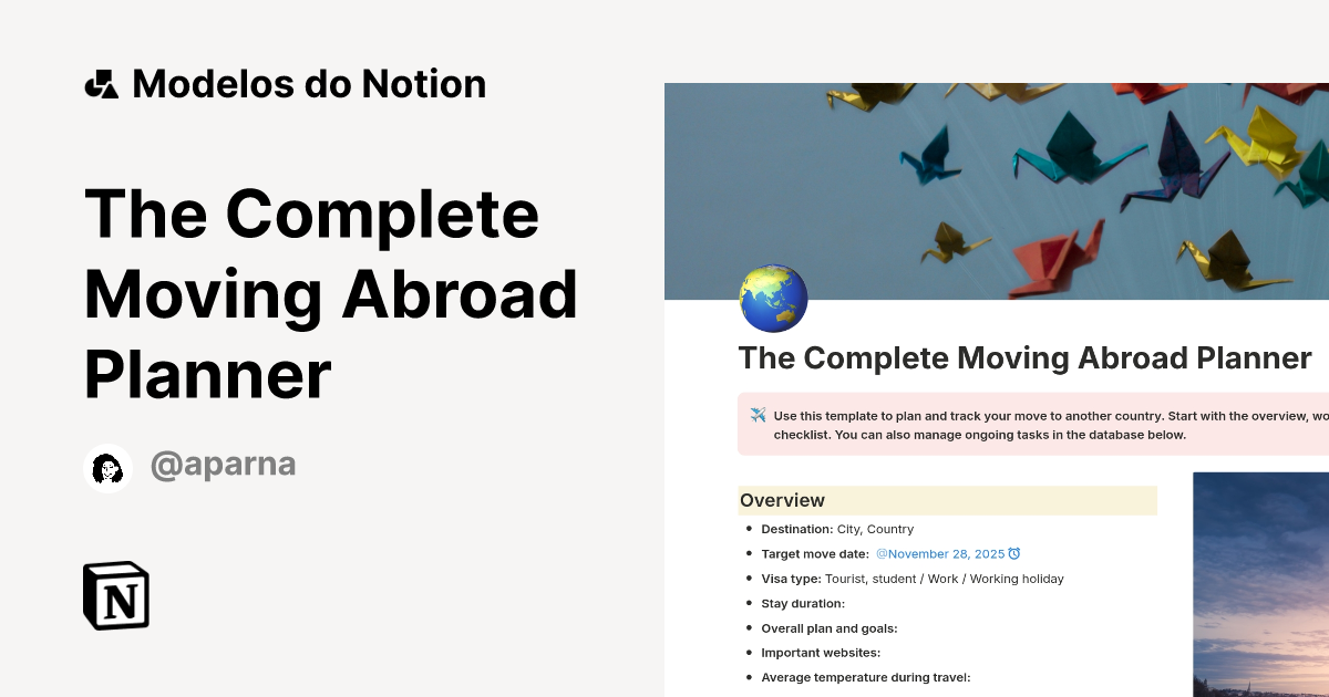The Complete Moving Abroad Planner Modelo por Aparna Biswas | Marketplace do Notion