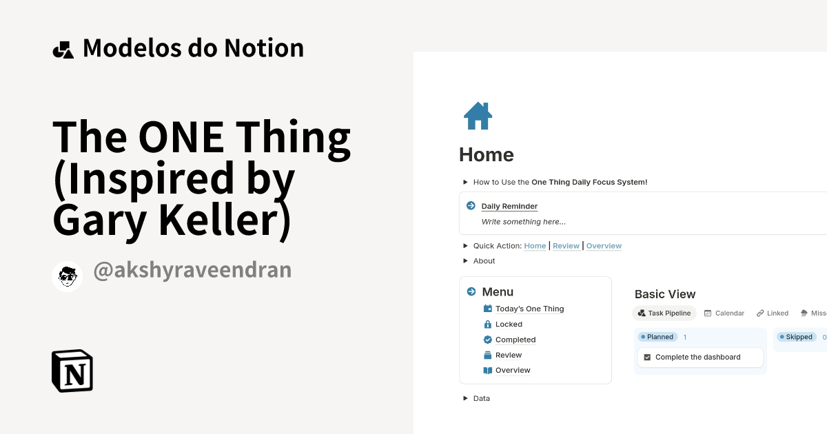 Modelo The ONE Thing (Inspired by Gary Keller) | Marketplace do Notion
