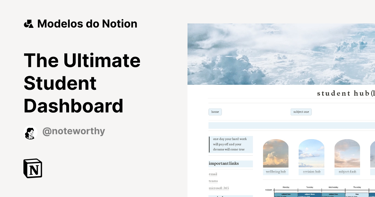 The Ultimate Student Dashboard Modelo por NoteWorthy | Marketplace do Notion