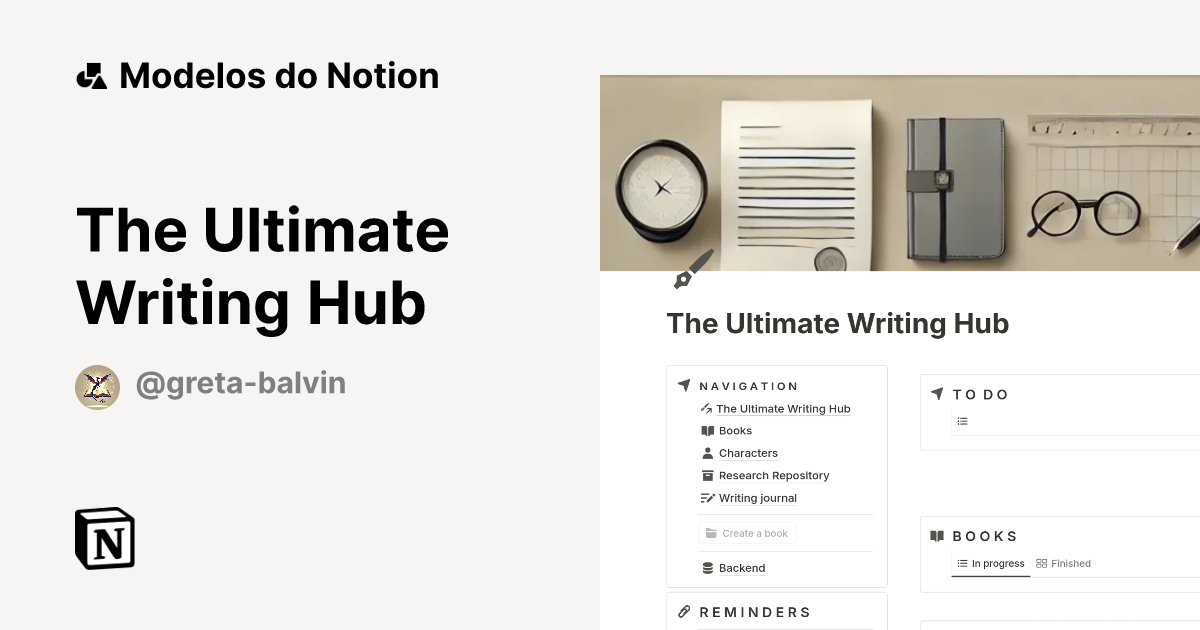 The Ultimate Writing Hub Modelo por Greta Balvin | Marketplace do Notion