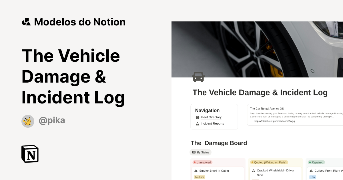 The Vehicle Damage & Incident Log Modelo por Pika | Marketplace do Notion