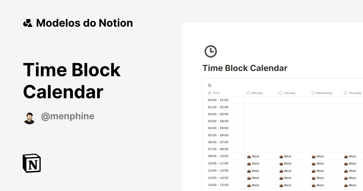 Modelo Time Block Calendar | Marketplace do Notion