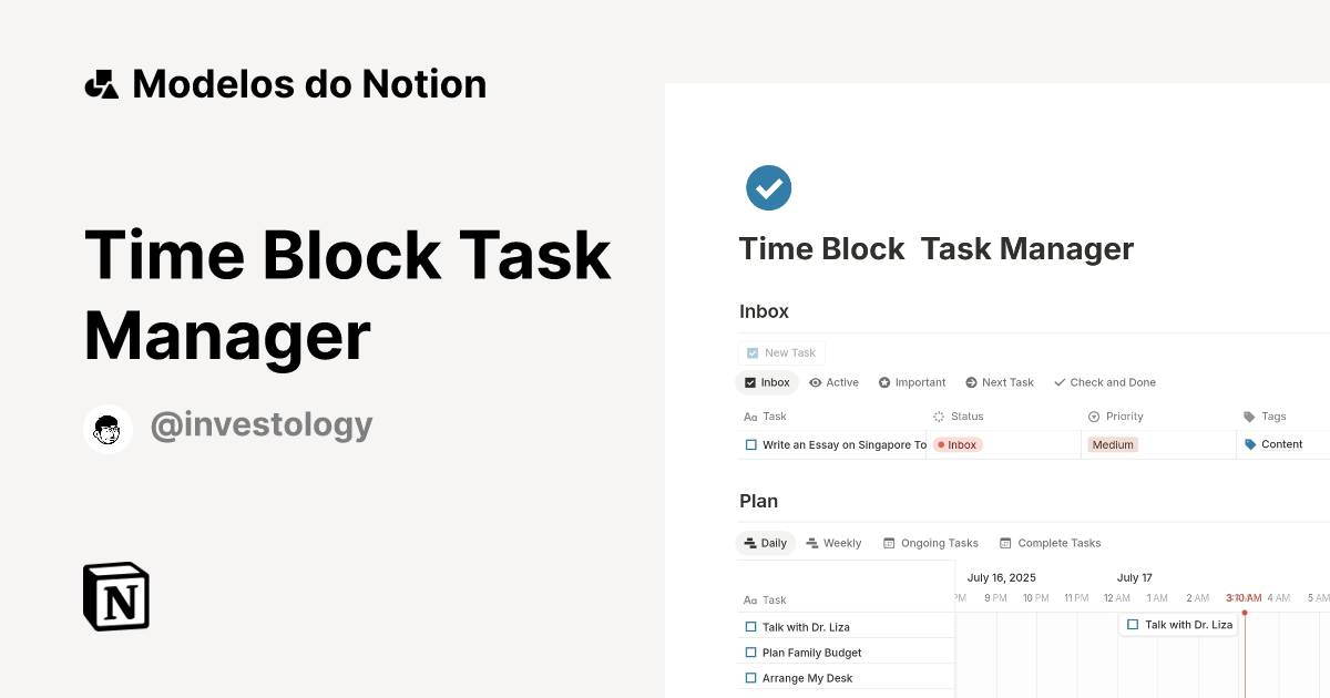 Modelo Time Block Task Manager | Marketplace do Notion