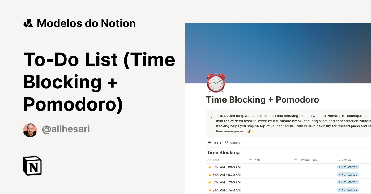 Modelo To-Do List (Time Blocking + Pomodoro) | Marketplace do Notion