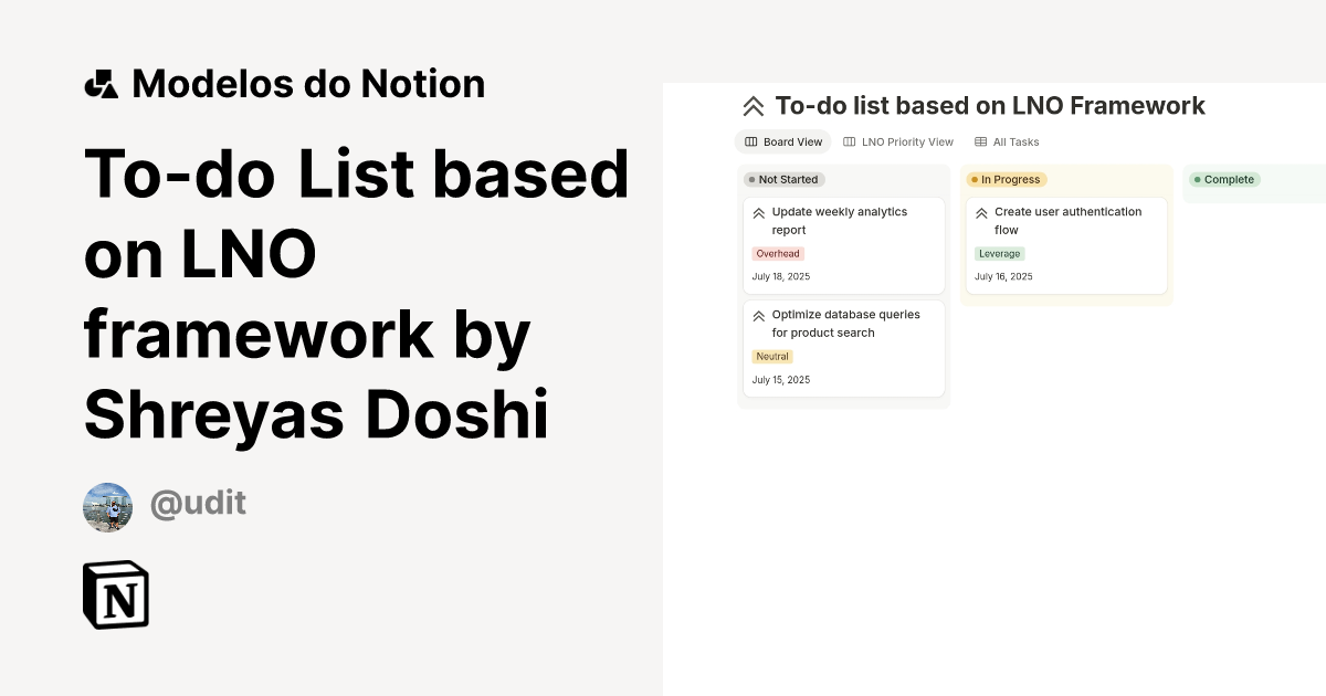To-do List based on LNO framework by Shreyas Doshi Modelo por Udit Chugh | Marketplace do Notion