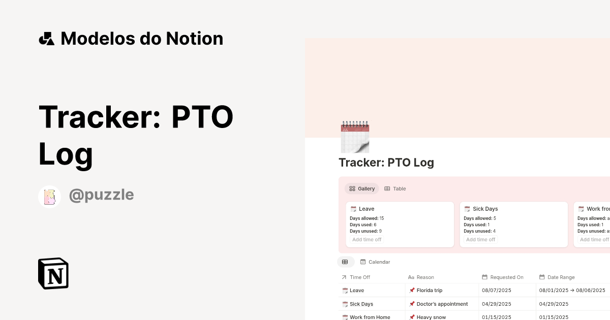 Modelo Tracker: PTO Log | Marketplace do Notion