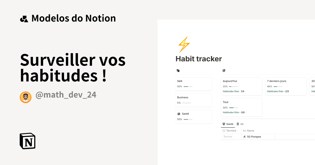 Surveiller vos habitudes ! Modelo por Mathieu Dev | Marketplace do Notion