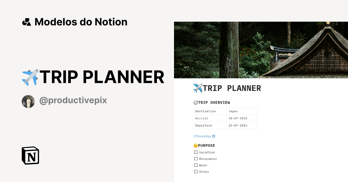 ️TRIP PLANNER Modelo por Productivepixels | Marketplace do Notion