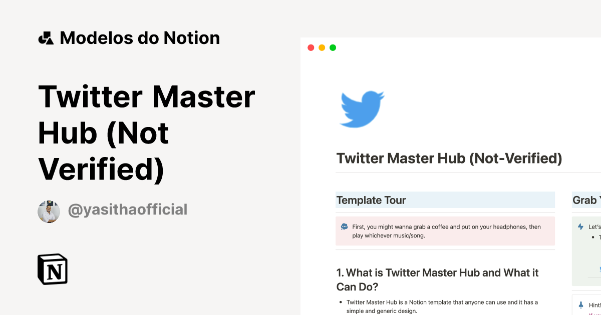 Modelo Twitter Master Hub (Not Verified) | Marketplace do Notion