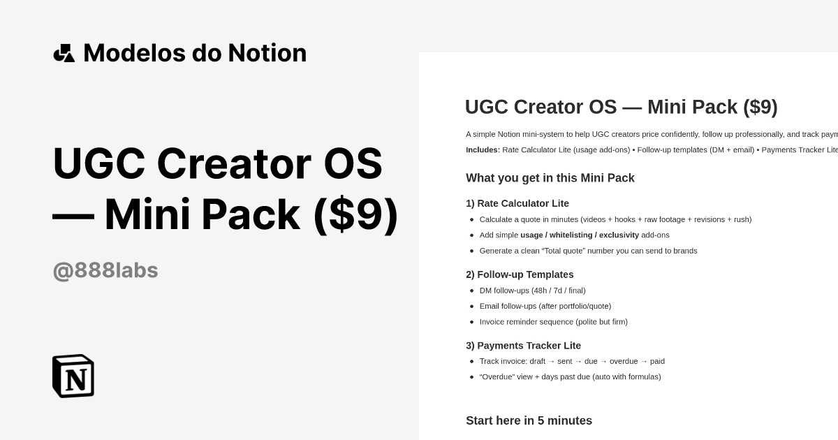 Modelo UGC Creator OS — Mini Pack ($9) | Marketplace do Notion