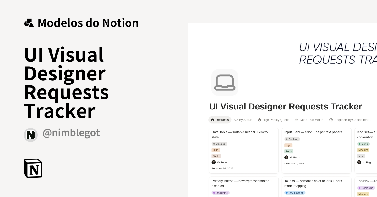 Modelo UI Visual Designer Requests Tracker | Marketplace do Notion